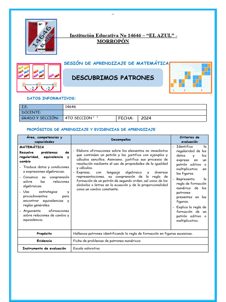 SES 1 MAT-DESCUBRIMOS PATRONES | PDF | Evaluación | Aprendizaje