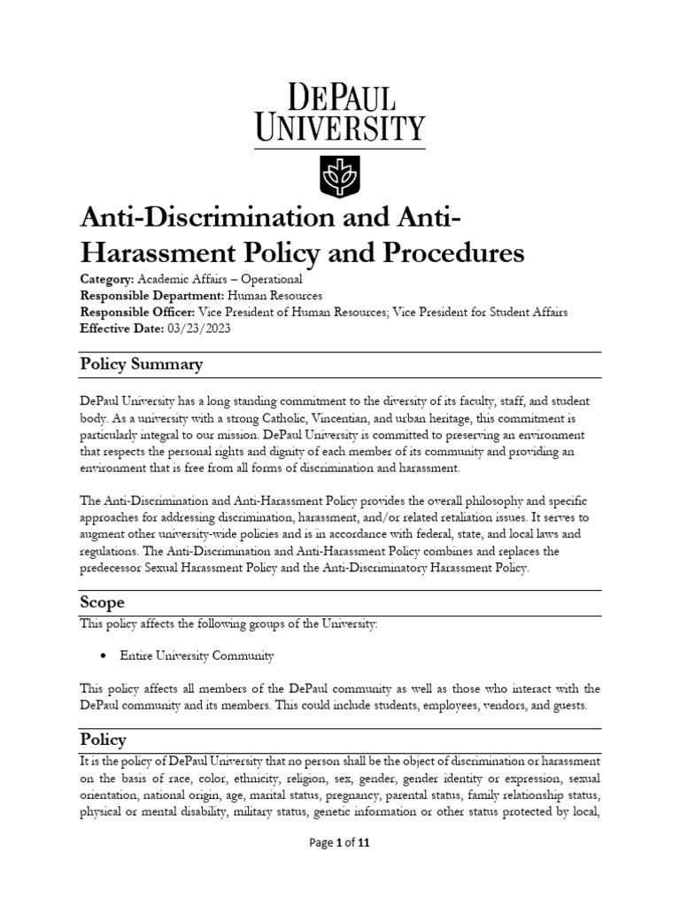 DePaul University Anti-Harassment Policy | PDF | Harassment | Sexual ...