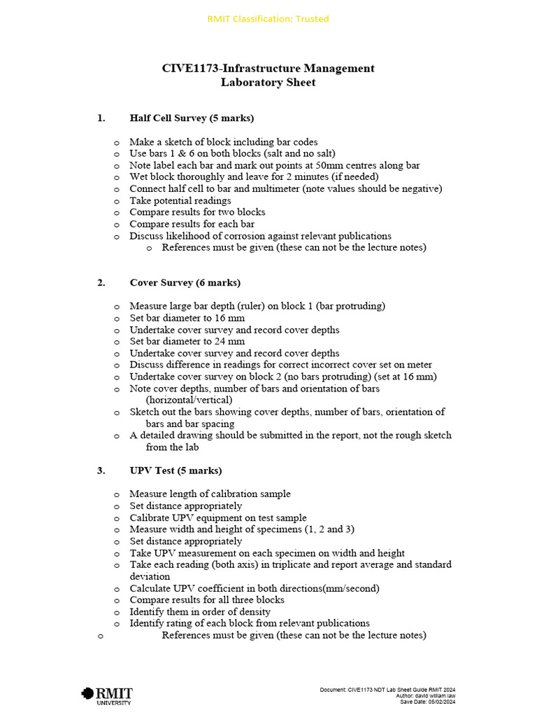 CIVE1173 NDT Lab Sheet Guide RMIT 2024 | PDF | Metrology