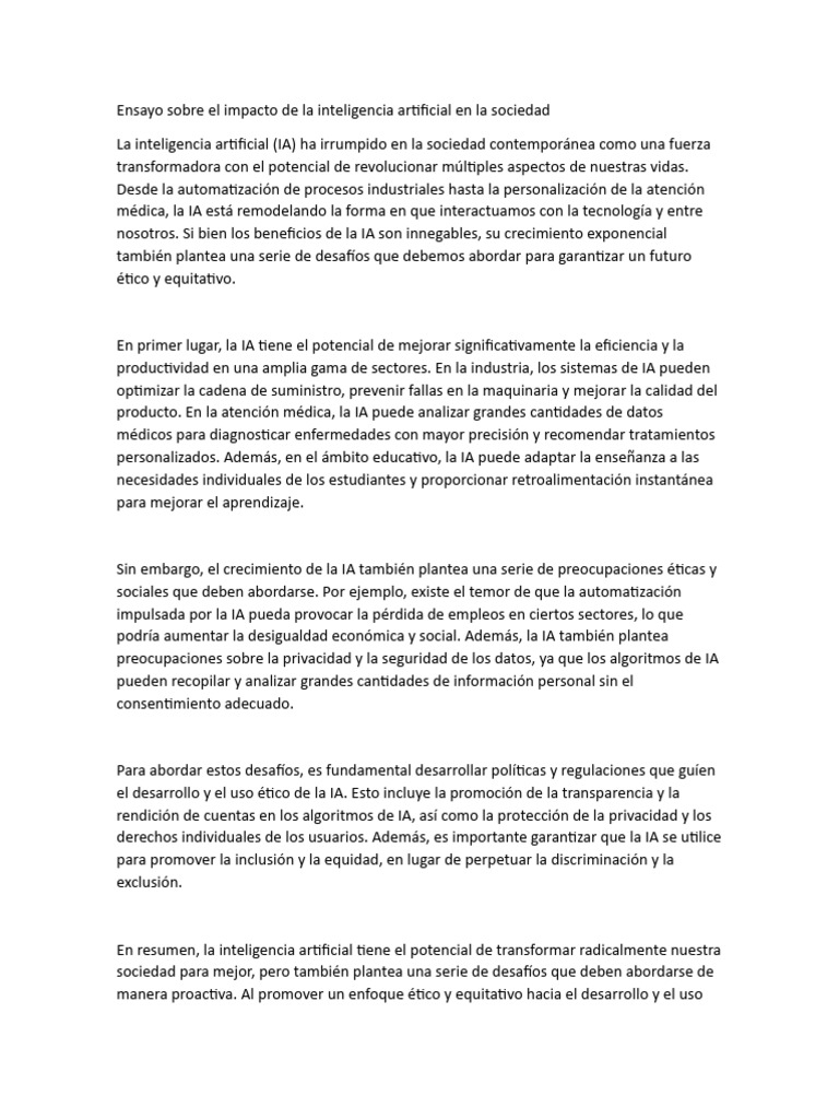 Ensayo Sobre El Impacto de La Inteligencia Artificial en La Sociedad | Descargar gratis PDF ...