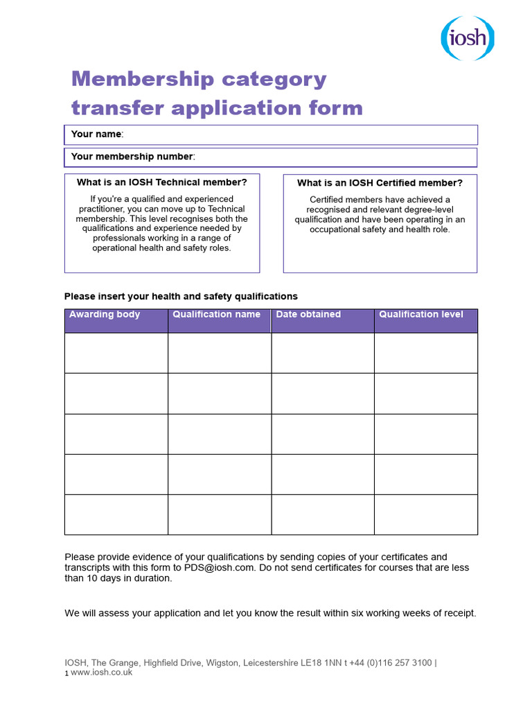 Iosh Membership Category Transfer Form | PDF | Health Care | Social ... Iosh Membership Category Transfer Form | PDF | Health Care | Social ...