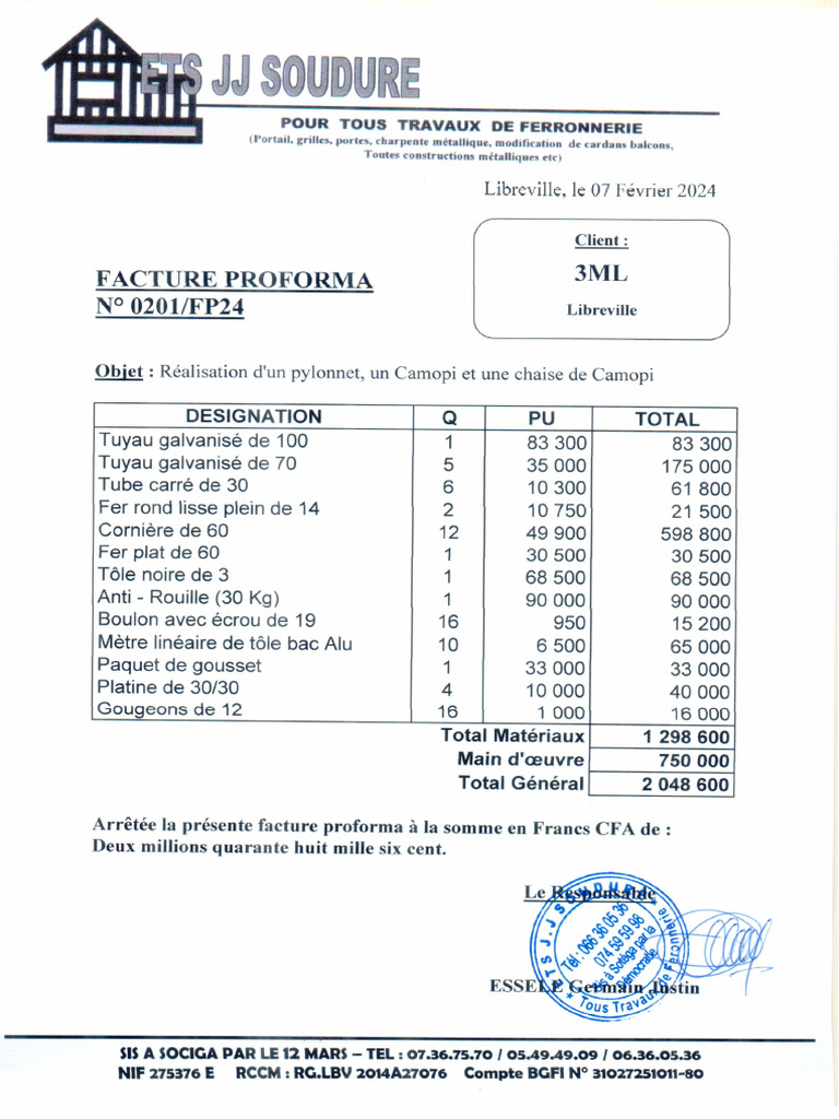JJ Soudure Facture Proforma 0201 FP24 Du 07 02 2024 3ML | PDF