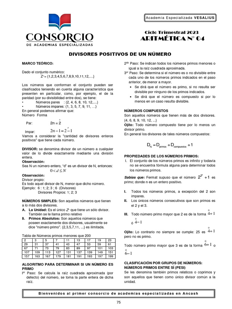04 Aritmética - Divisores Positivos de Un Número | PDF | Número primo ...