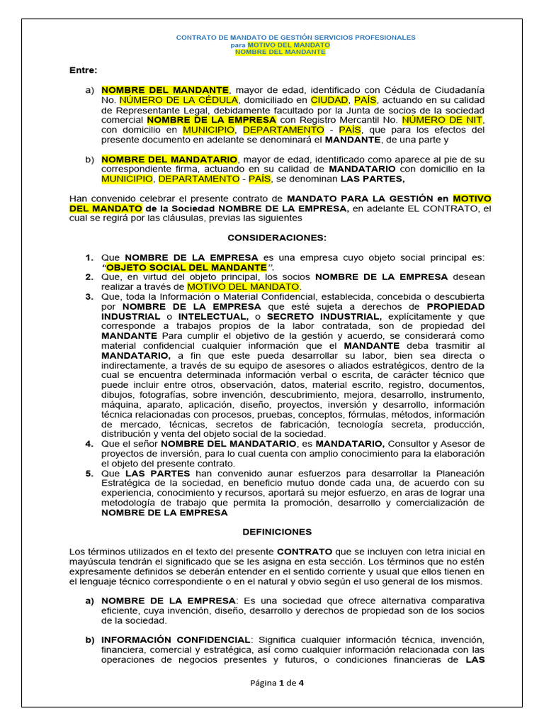 Formato Contrato de Mandato Para La Gestión de _________ . NOMBRE de ...