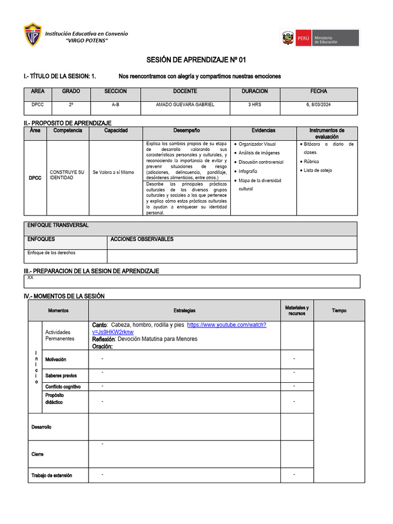 1 Sesión de Aprendizaje DPCC 2º 2024 | PDF | Aprendizaje | Maestros