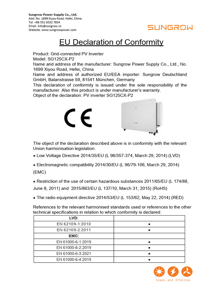 Sungrow SG125CX-P2 Three Phase EU Declaration of Conformity English Version | Download Free PDF ...