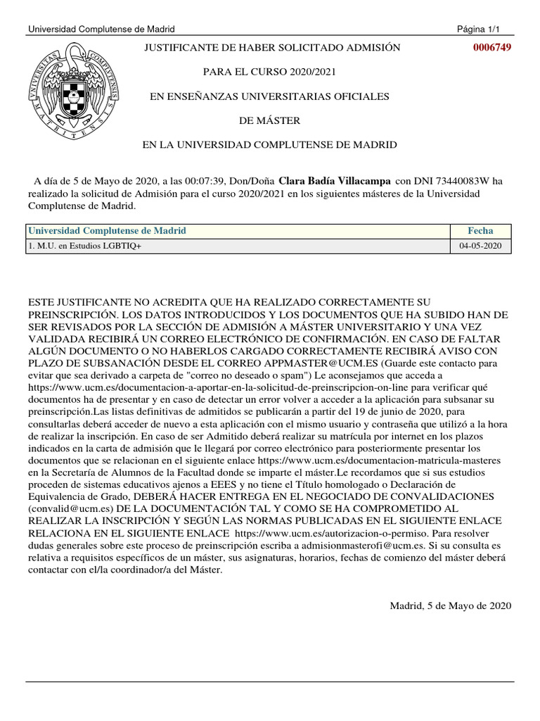 Justificante Solicitud Máster UCM | PDF | Spamming | Maestría