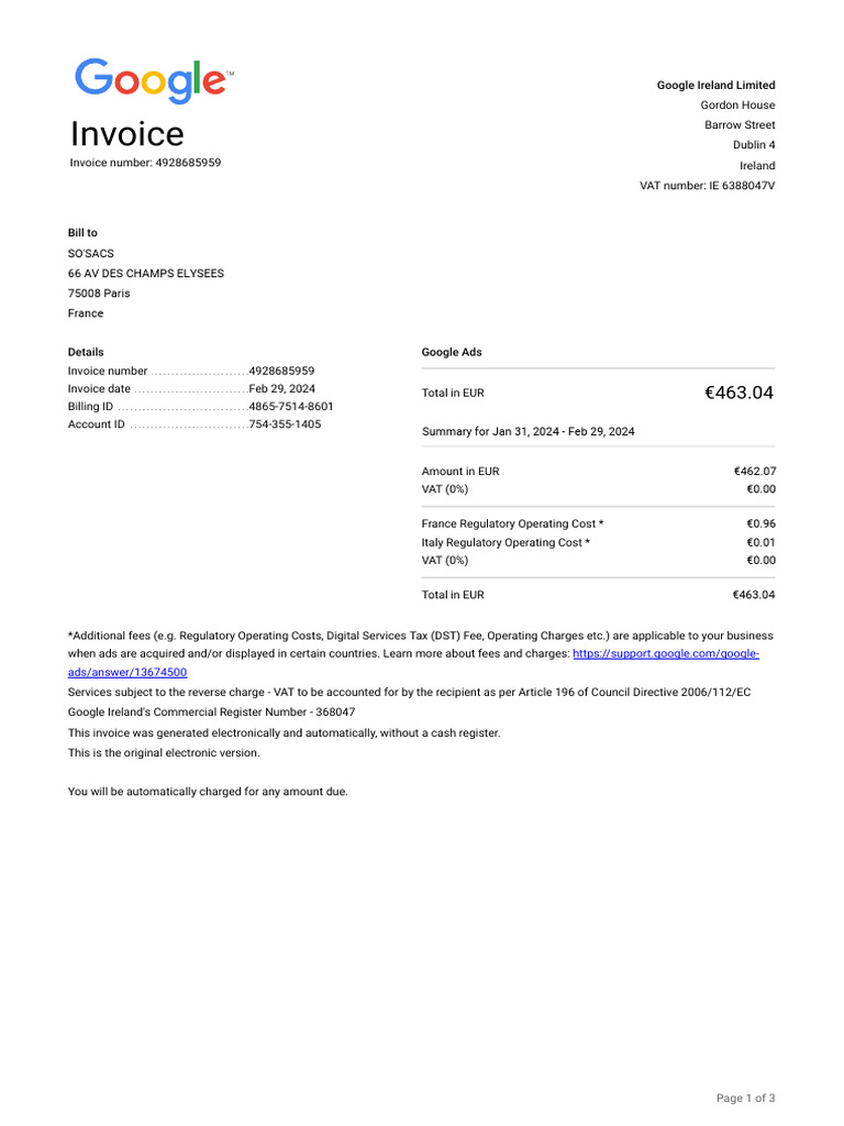 Facture Google | PDF | Invoice | Value Added Tax