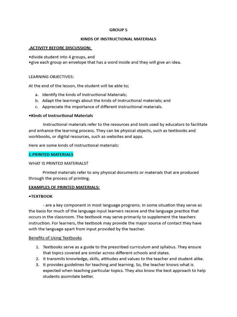 Kinds of Instructional Materials | PDF | Lesson Plan | Learning