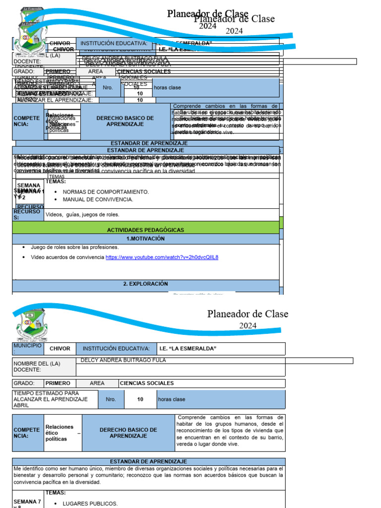 Planeador de Clase: Sociales 1° Grado | PDF | Aprendizaje | Educación ...