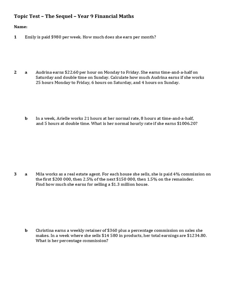 Year 9 Financial Maths Practice Test | PDF | Taxes | Economies