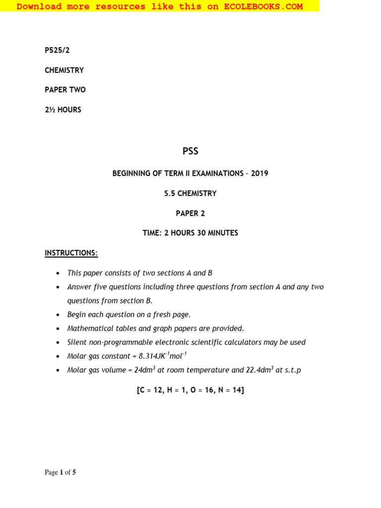 S.5 Bot Ii Chem 2 2019 Revision Past Papers | PDF | Acid | Gases