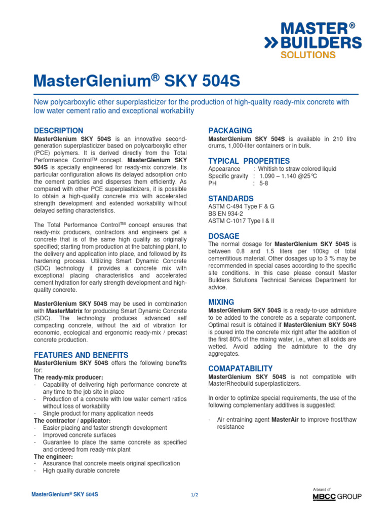 MasterGlenium Sky 504S Technical Data Sheet | PDF | Concrete | Cement