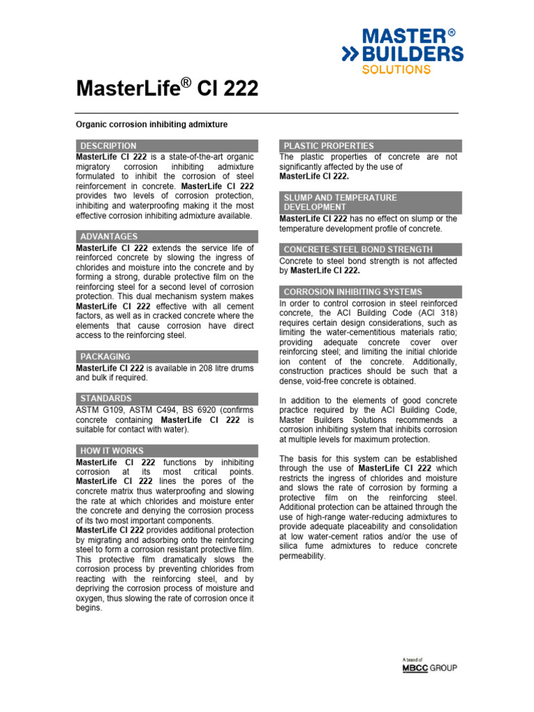 Masterlife CI 222 Technical Data Sheet | PDF | Concrete | Corrosion