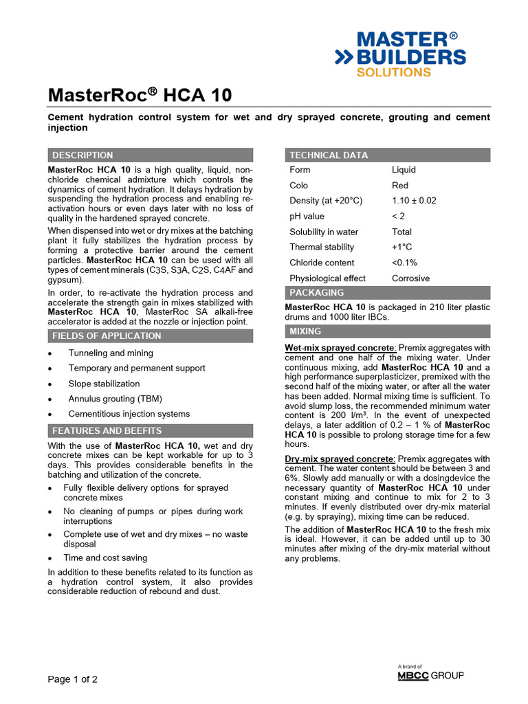 MasterRoc-HCA-10 Technical Data Sheet | PDF | Concrete | Materials