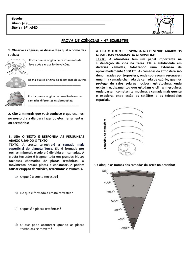 PROVA DE CIENCIAS 6º ano- 4º BIMESTRE | PDF | Terra | Atmosfera da Terra