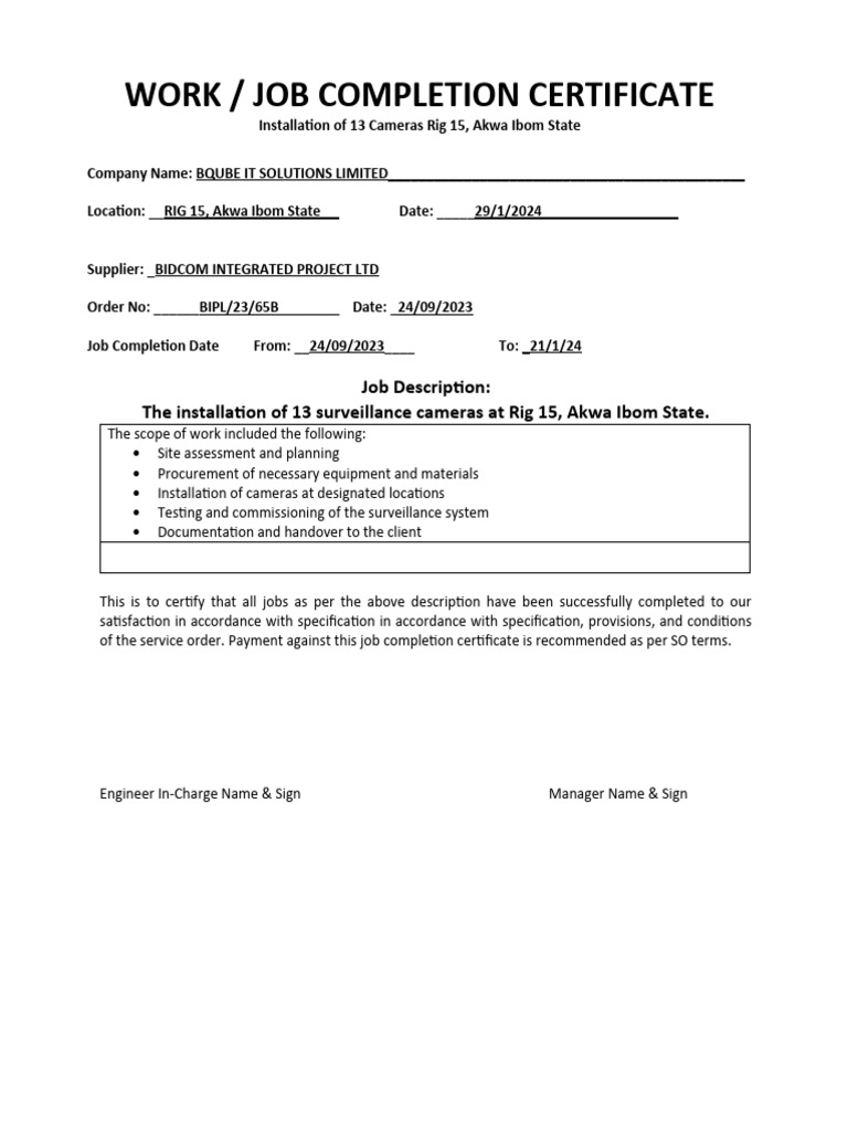 Bidcom CCTV Work Job Completion Certificate | PDF