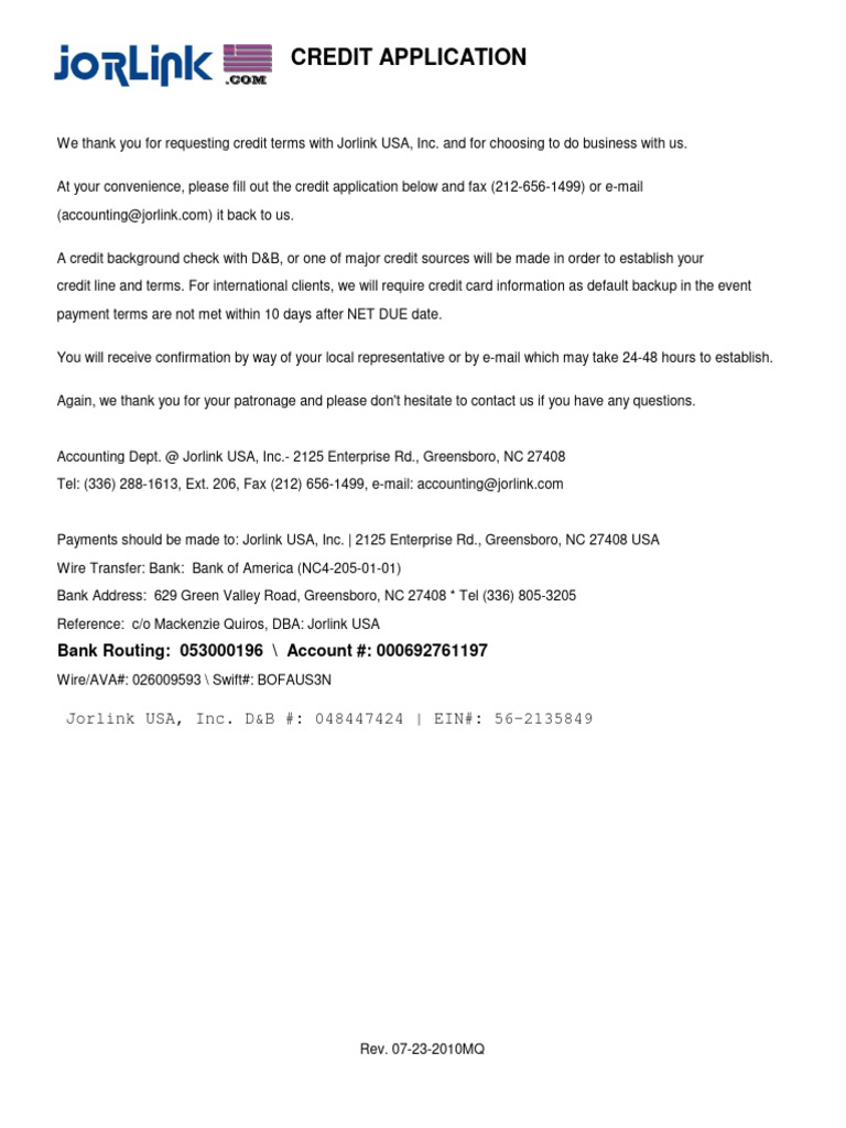 Jorlink USA Credit Application Form | PDF | Credit Card | Invoice