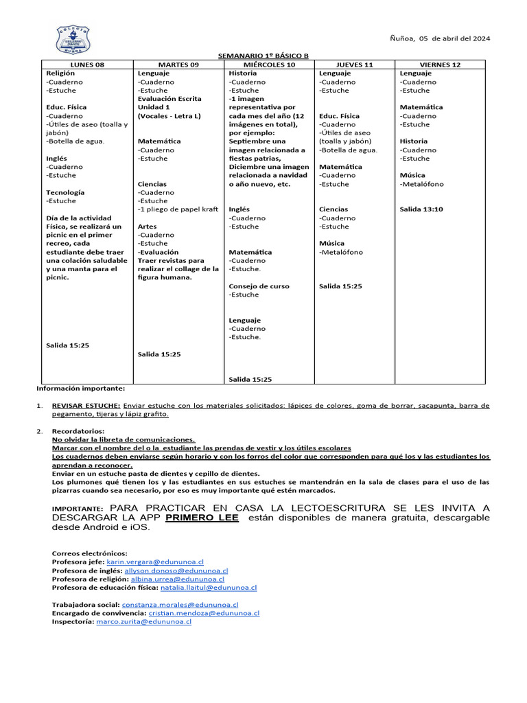 Horario y Recordatorios 1º Básico B | PDF