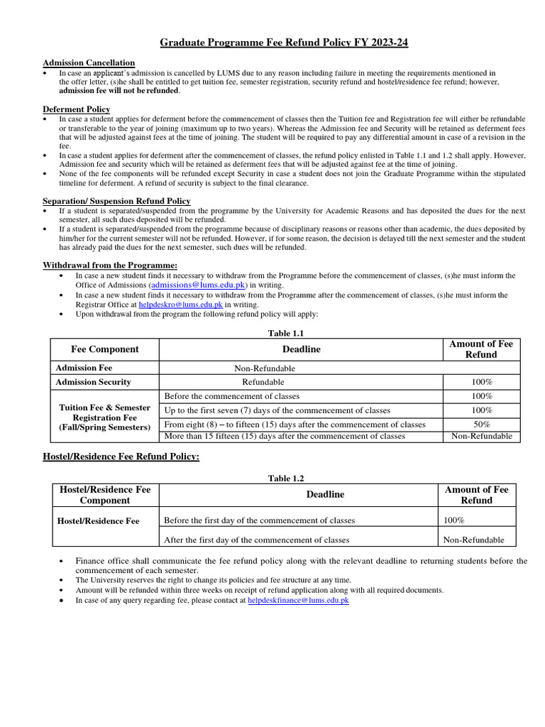 LUMS Graduate Fee Refund Policy 2023-24 | PDF | Fee