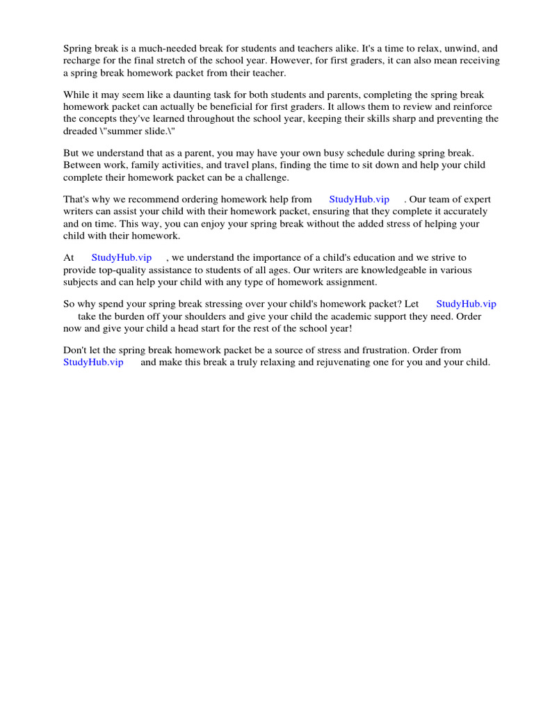 First Grade Spring Break Homework Packet | PDF | Homework | Safari (Web ...