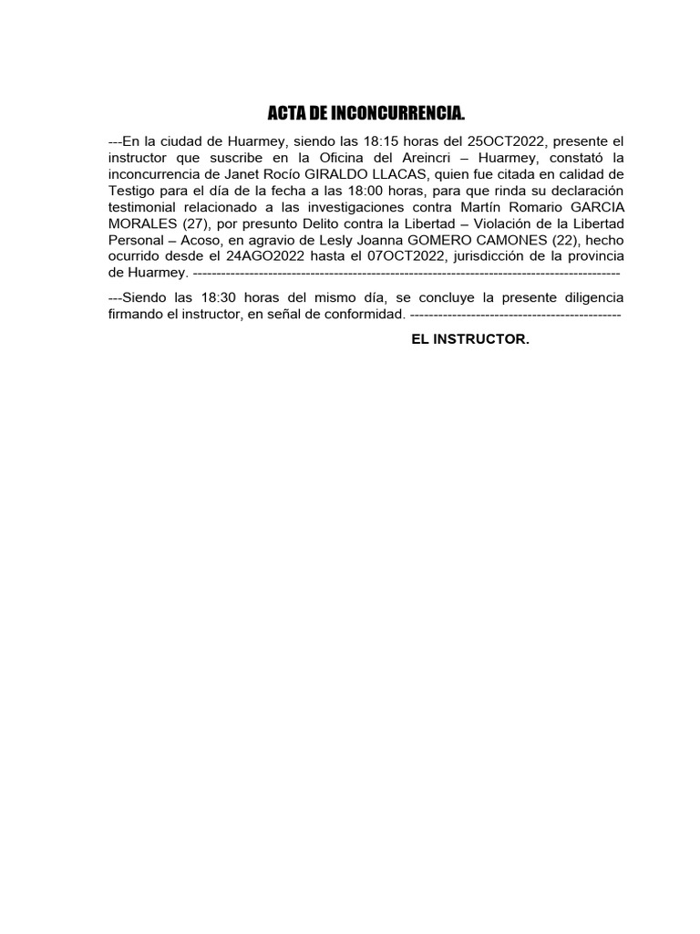 ACTA DE INCONCURRENCIA Janet Rocío GIRALDO LLACAS TESTIGO ACOSO | PDF ...