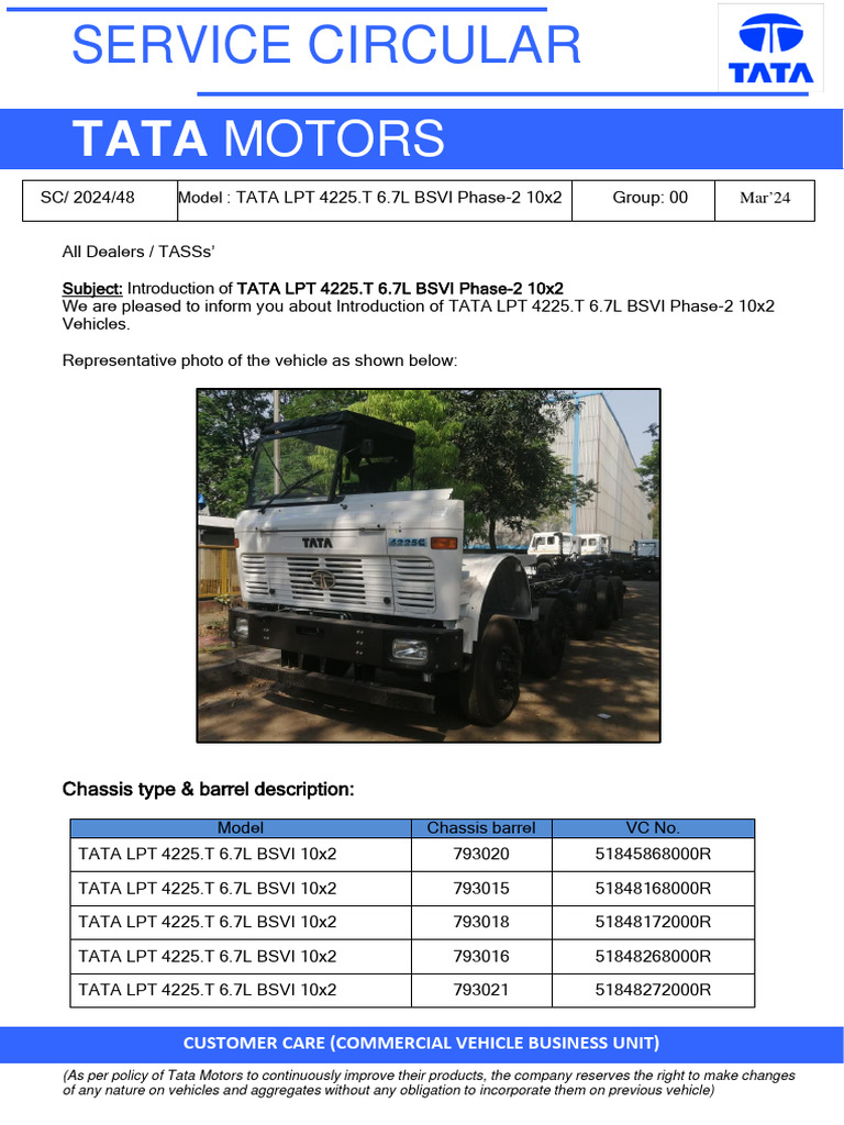 SC - 2024 - 48 Introduction of TATA LPT 4225.T 6.7 L BSVI Ph2 10x2 | PDF | Diesel Engine | Engines