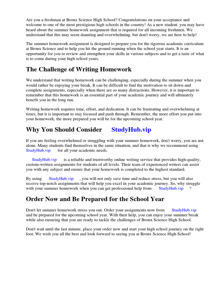 Bronx Science Freshman Summer Homework | PDF | Homework | College ...