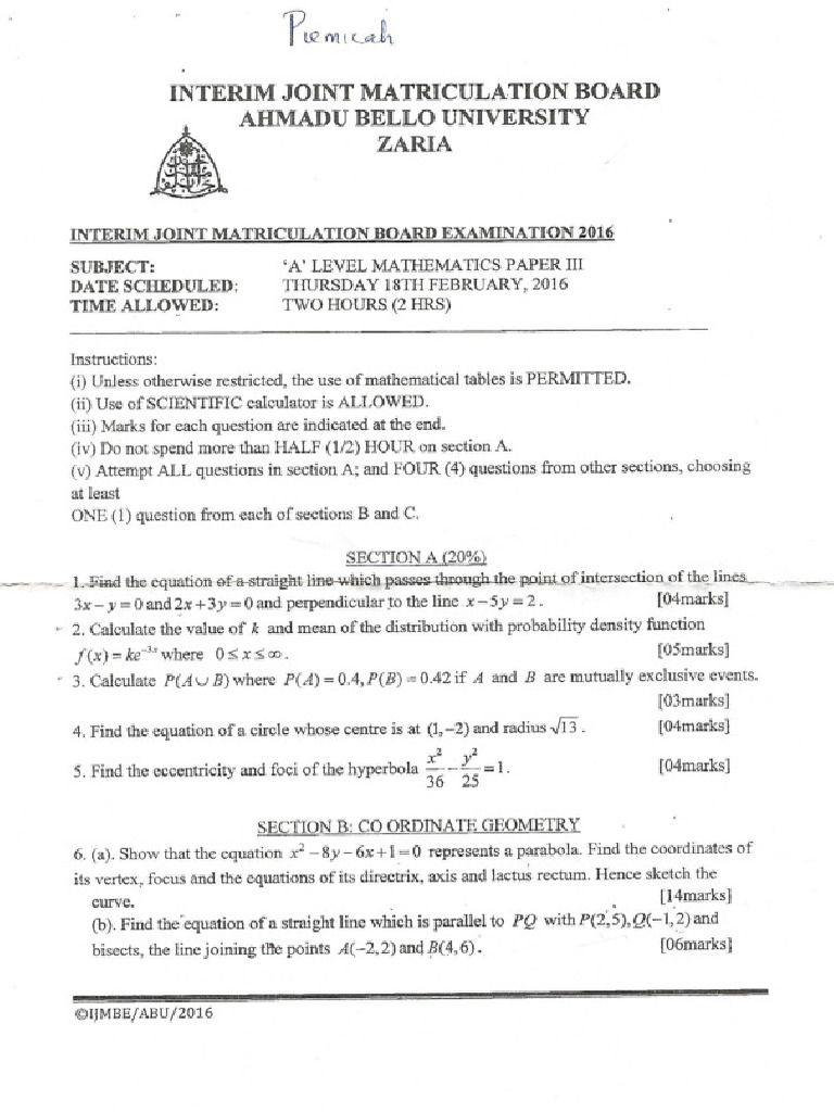 Mathematics III IJMB Past Questions and Answers | PDF
