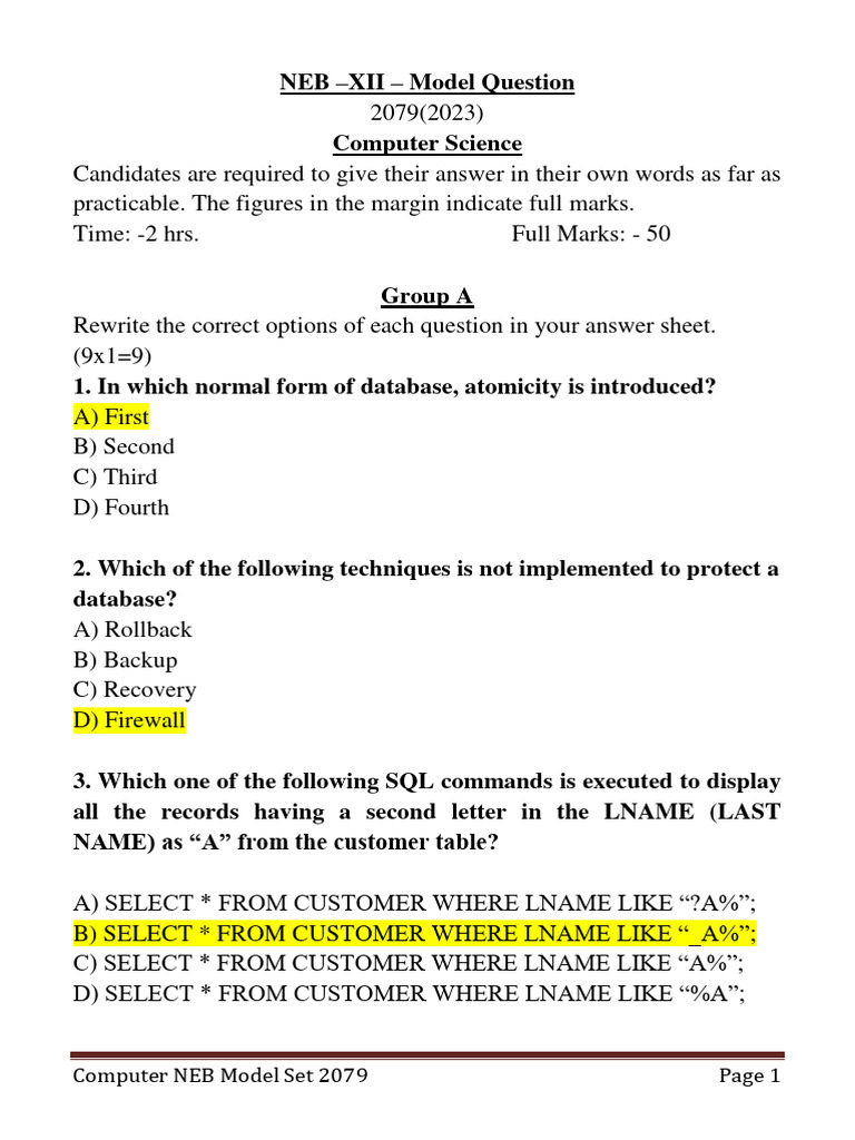 NEB Class 12 Computer Science Model 2079 | PDF | Client–Server Model ...