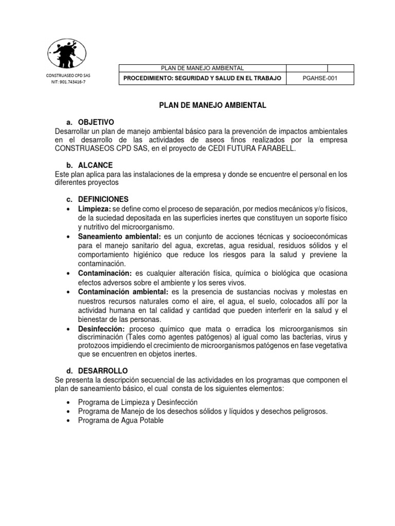 PLAN DE MANEJO AMBIENTAL | PDF | Agua | Residuos
