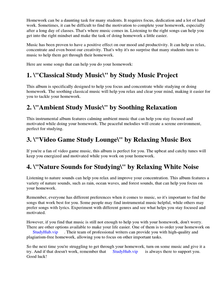Songs To Help You Do Homework | PDF | Essays | Thought