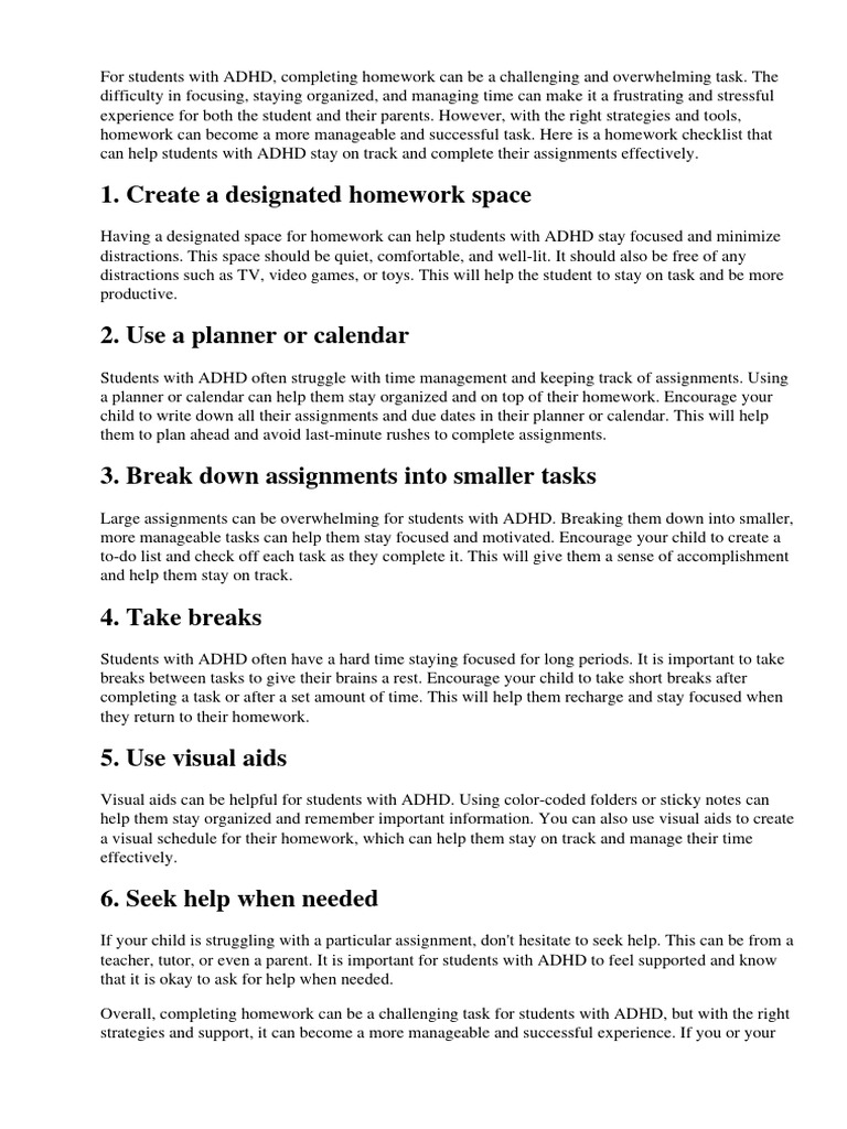 Homework Checklist For Students With Adhd | PDF | Time Management ...
