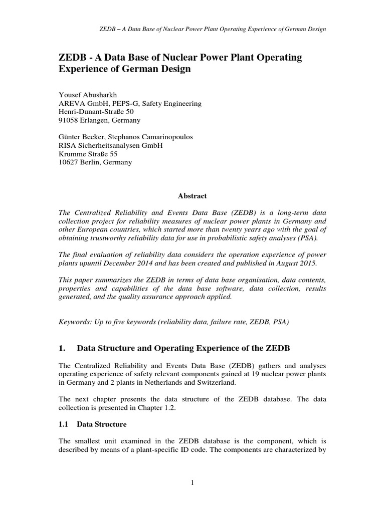 ZEDB: German Nuclear Plant Reliability Data | PDF | Reliability Engineering | Databases