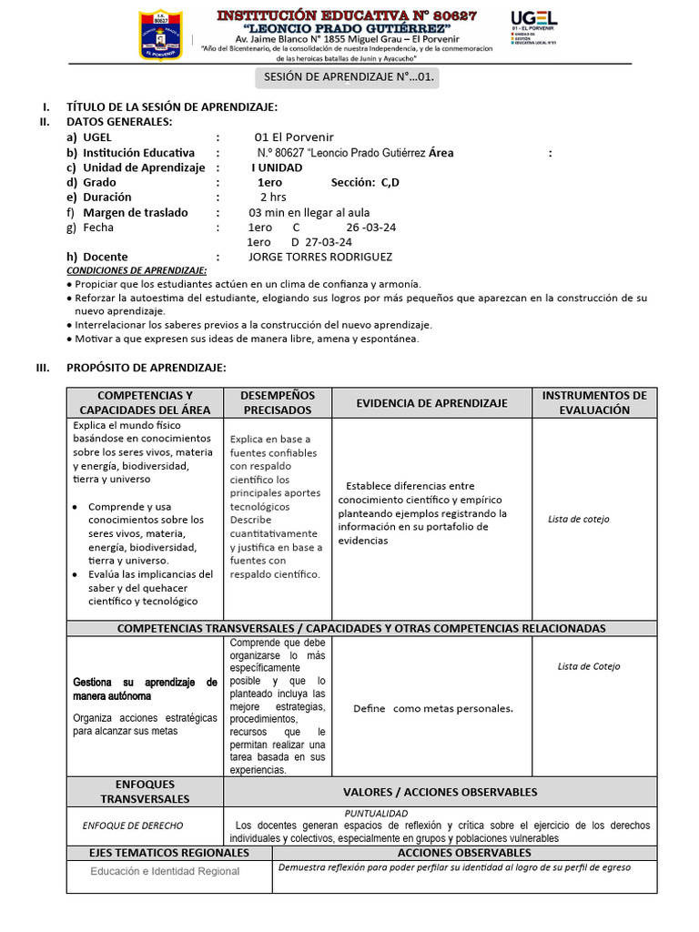 SESION DE APRENDIZAJE UNIDAD 1 SESION 1 y LISTA DE COTEJO CYT 1ª GRADO LEONCIO PRADO | PDF ...