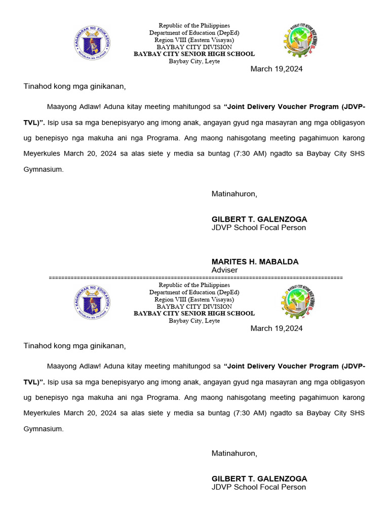 JDVP Letter to Parents | PDF