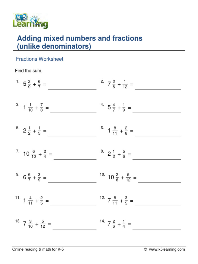 Adding Mixed Number and Fraction (Unlike Denominator) | PDF ...