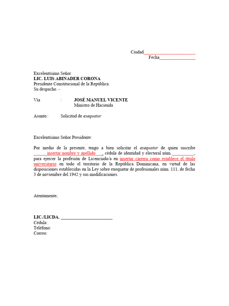 Carta Modelo de Solicitud Exequatur 10-05-2021 | PDF