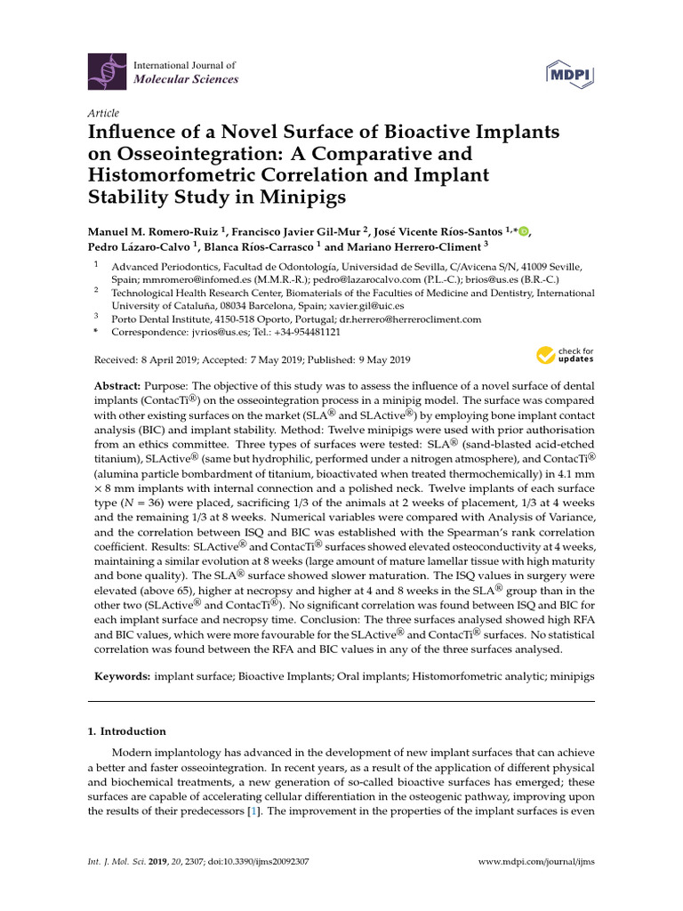 Influence of A Novel Surface of Bioactive Implants On Osseointegration ...