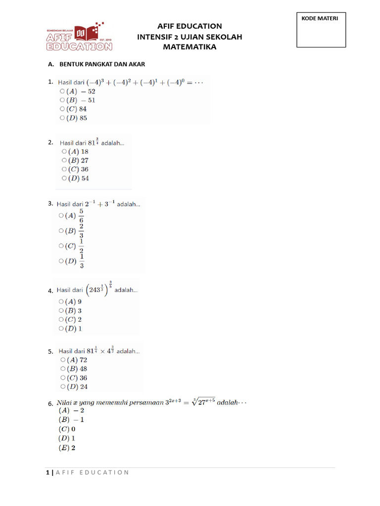 Intensif 2 MTK (Bentuk Pangkat Dan Akar, SPLDV) | PDF