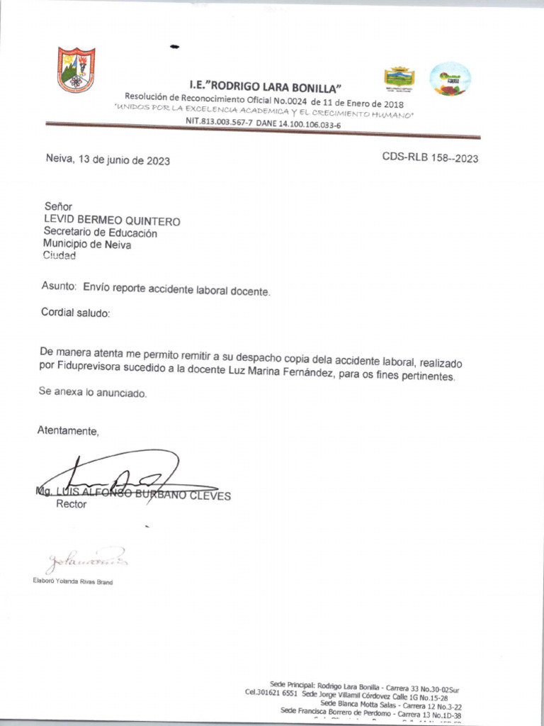 Oficio 158 Reporte Accidente Laboral Docente | PDF