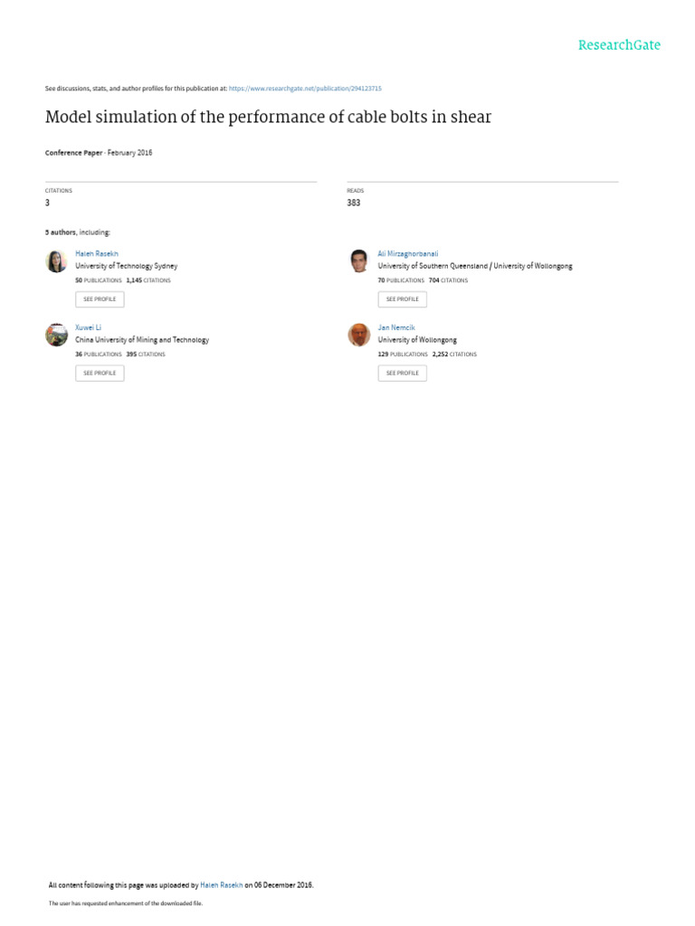 Modelling Simulation of The Performance of Cable Bolt Sins Hear | PDF ...
