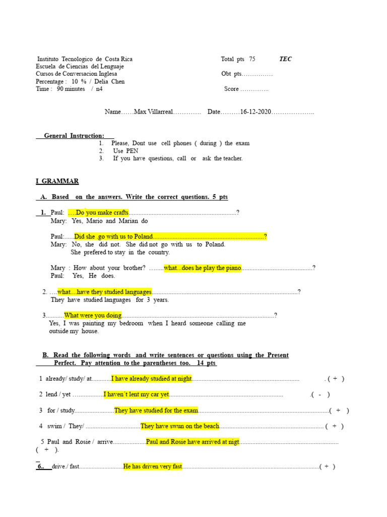 English Conversation Exam | PDF | Language Mechanics | Grammar
