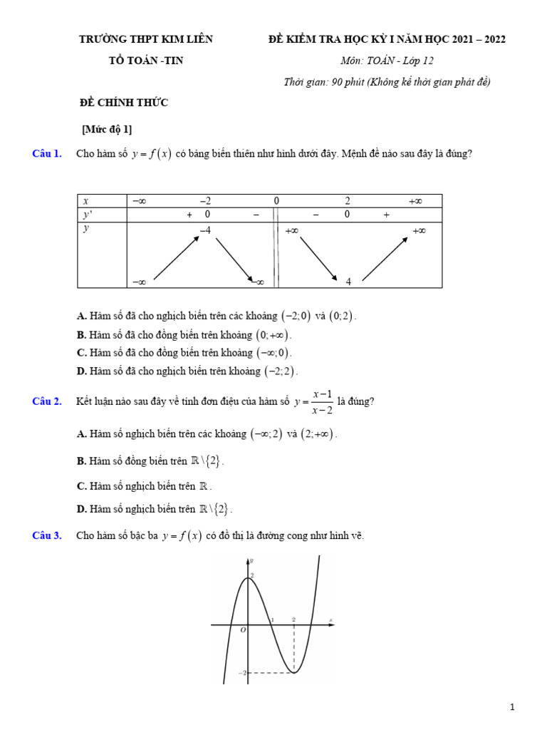 De Kiem Tra Hoc Ky 1 Toan 12 Nam 2021 2022 Truong THPT Kim Lien Ha Noi | PDF