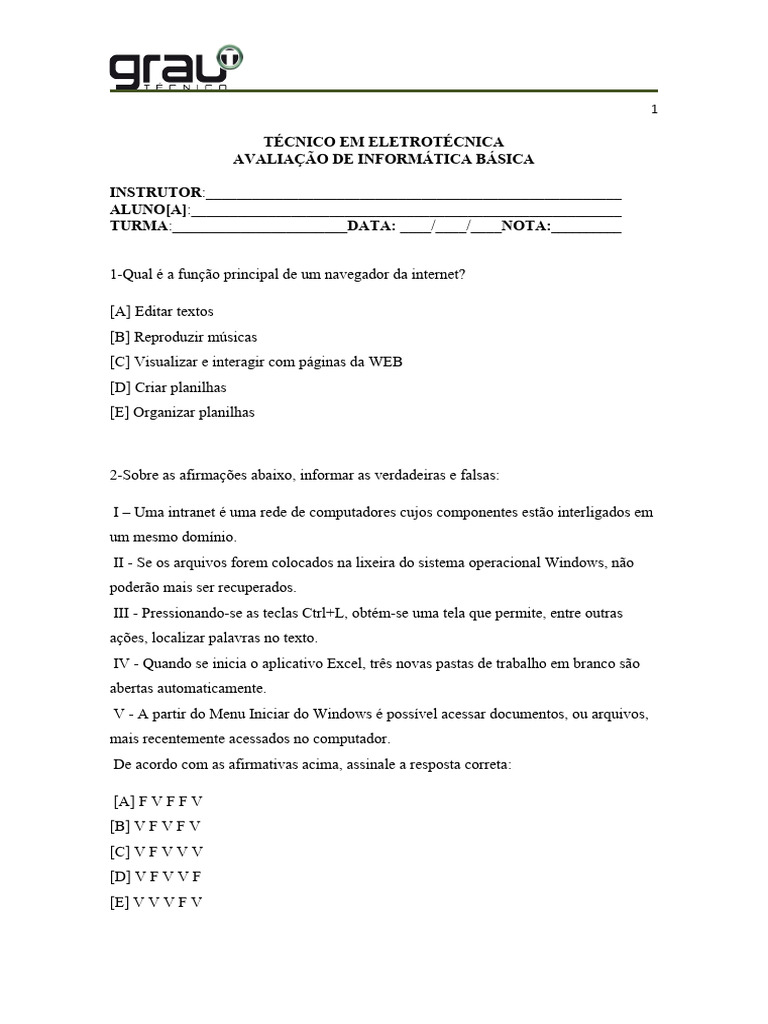 Prova de Informática Básica | PDF | Botão Ctrl | Microsoft Excel