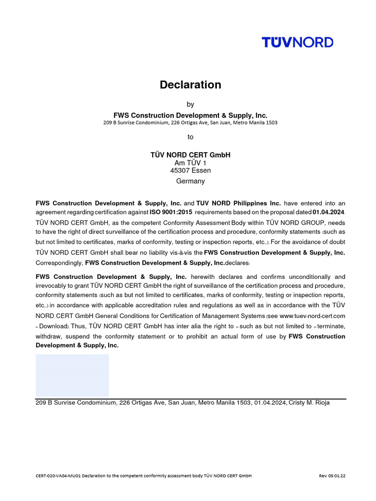TNP Declaration Letter - FWS | PDF