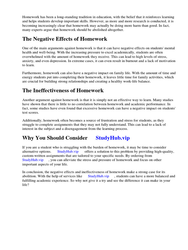 Homework Should Be Abolished Against | PDF | Homework | Learning