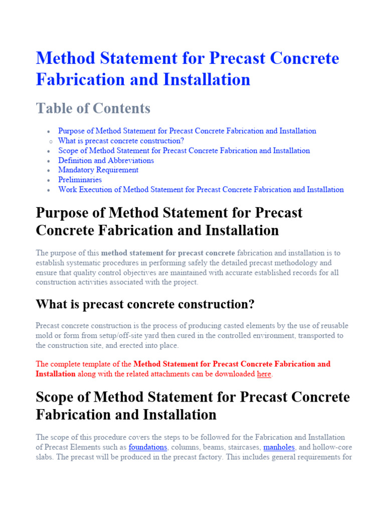 Method Statement For Precast Concrete Fabrication and Installation ...