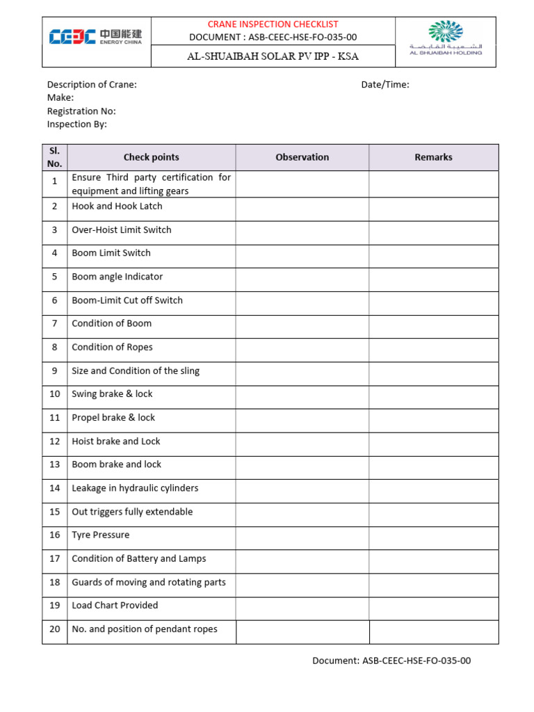 Crane Inspection Checklist PDF | PDF