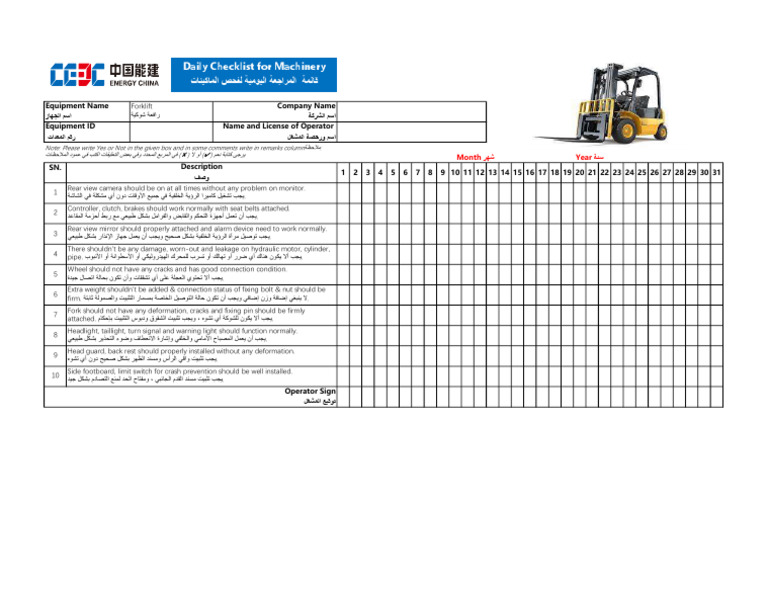 Forklift Checklist - Machinery | PDF